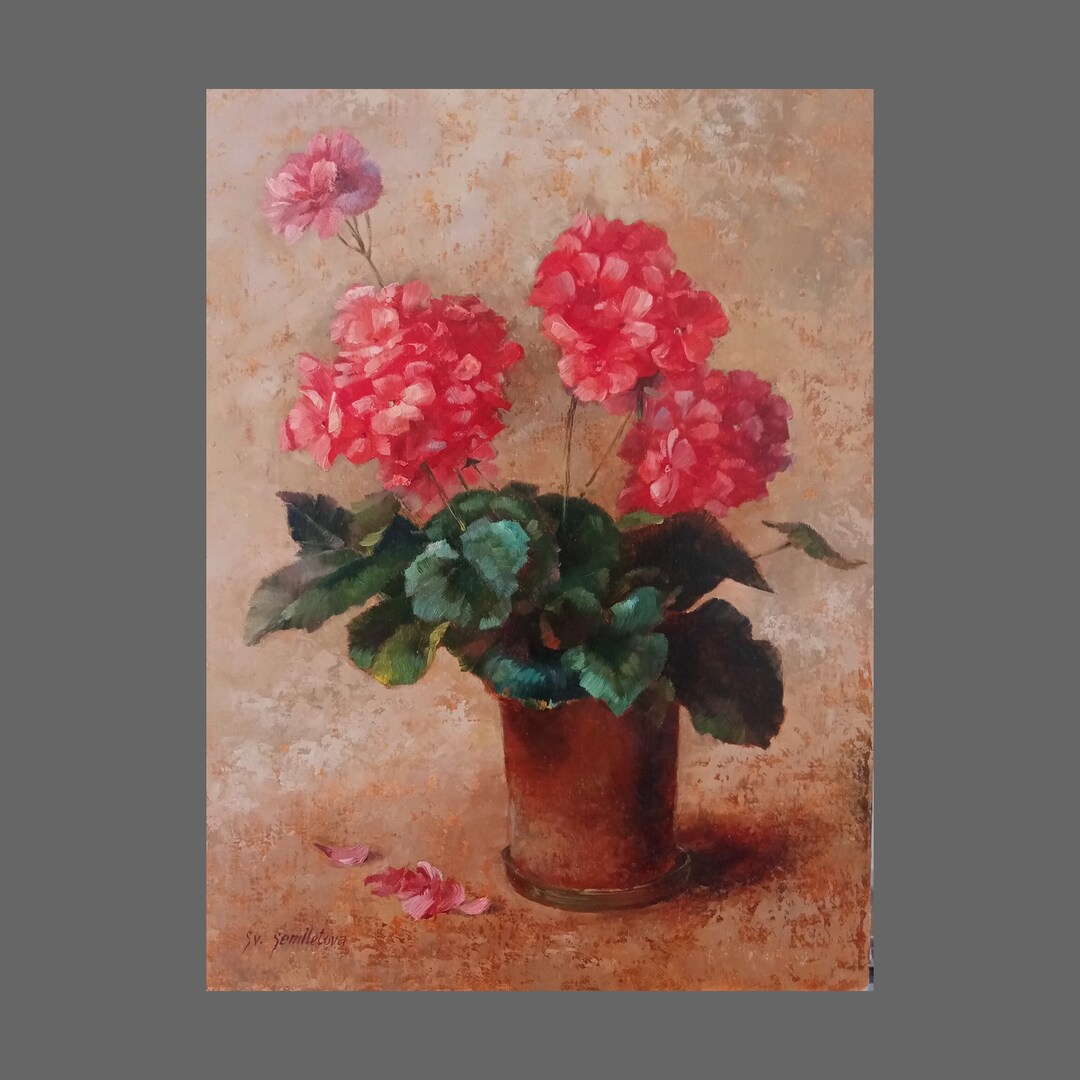 Oil Painting Red Geranium Flowers in a Clay Pot on a Brown Evening ...