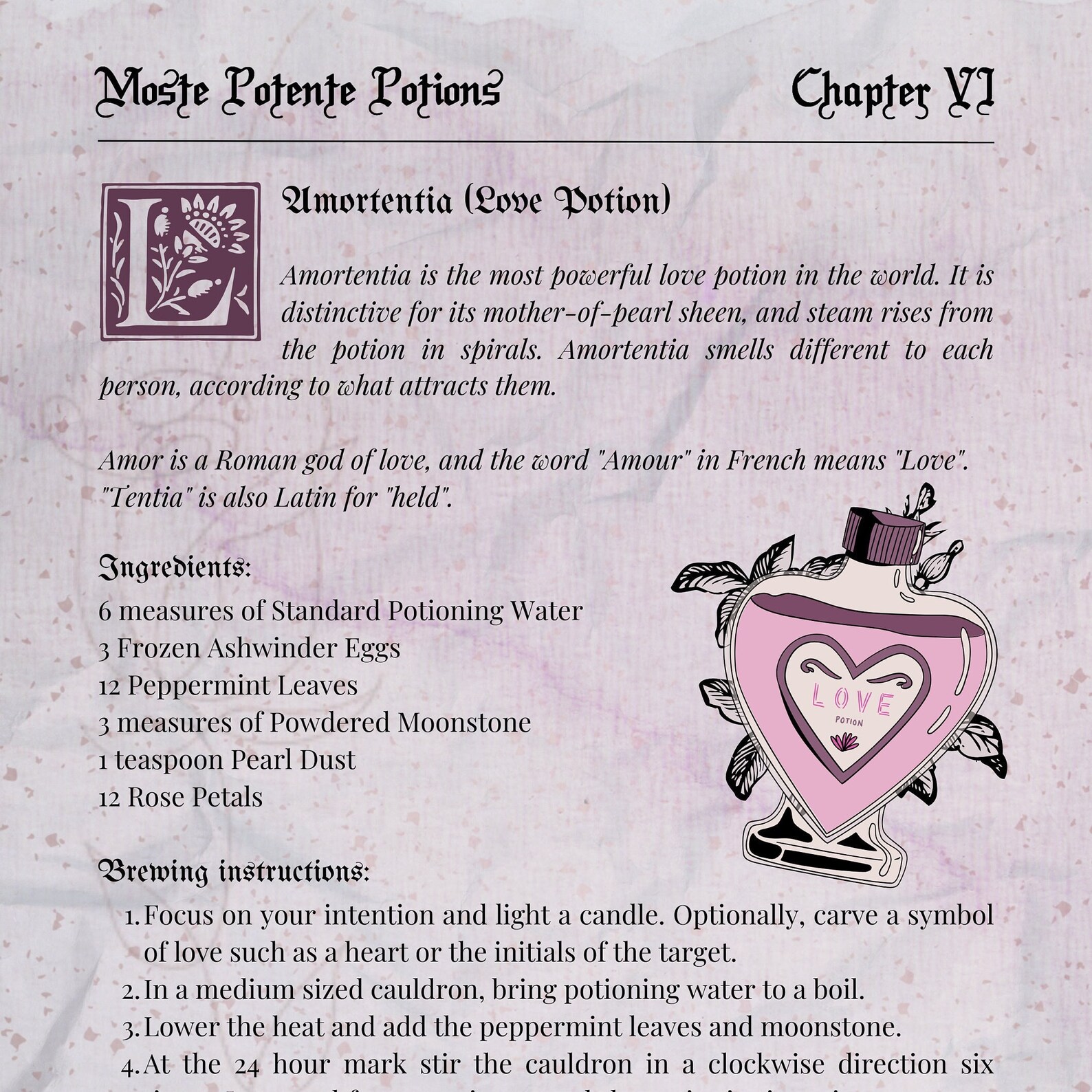 Printable Amortentia Love Potion Book Page: Wizard Party Decor (digital ...