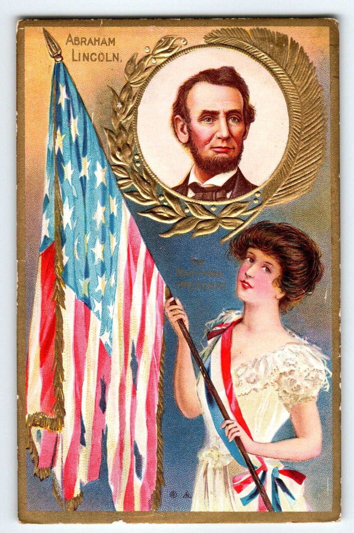Abraham Lincoln Patriotic Women Holds USA Flag Embossed Postcard Nash ...