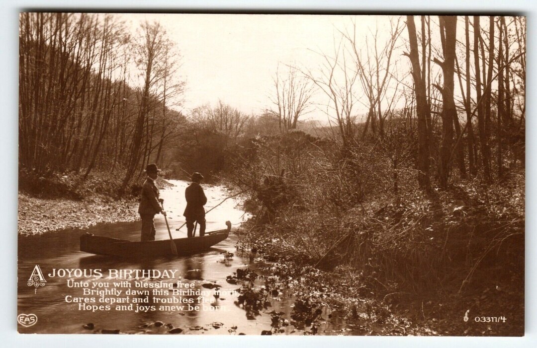 Birthday Greetings Poem RPPC Postcard Men in Canoe Boat Rustic River ...