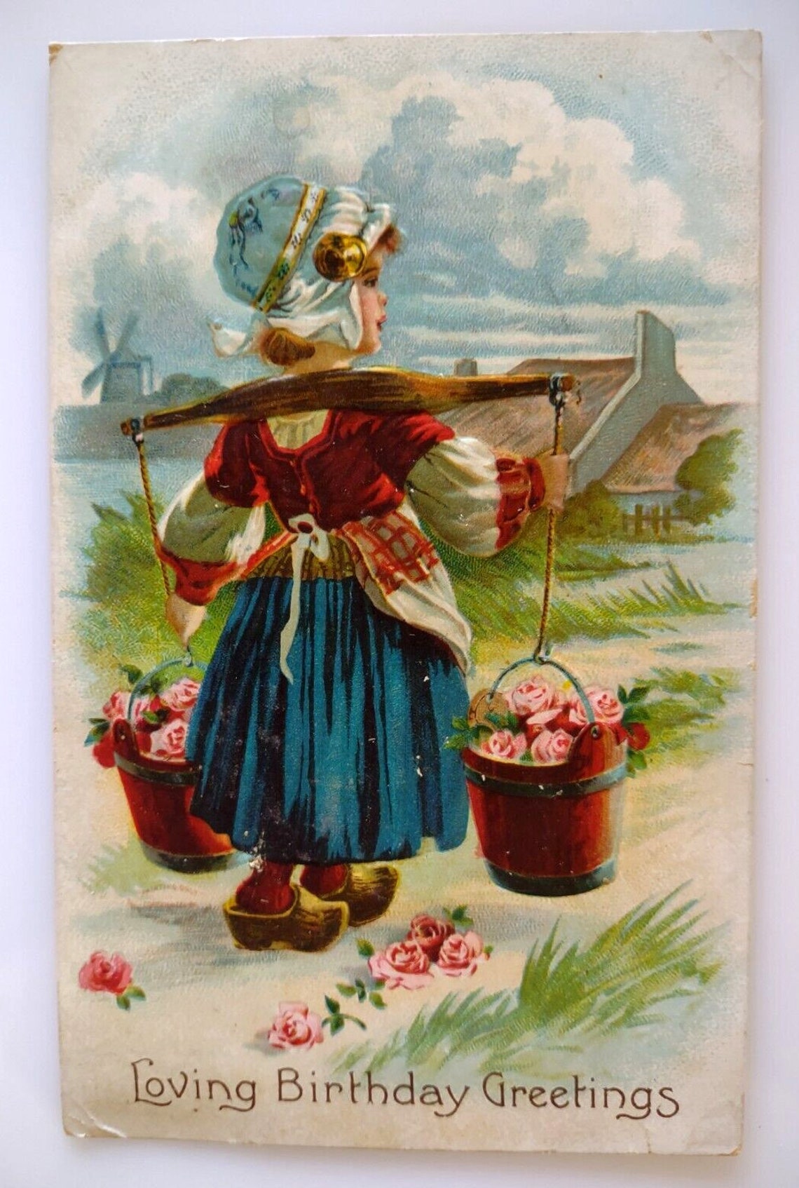 Birthday Greetings Postcard Dutch Girl Wooden Shoes Flower - Etsy