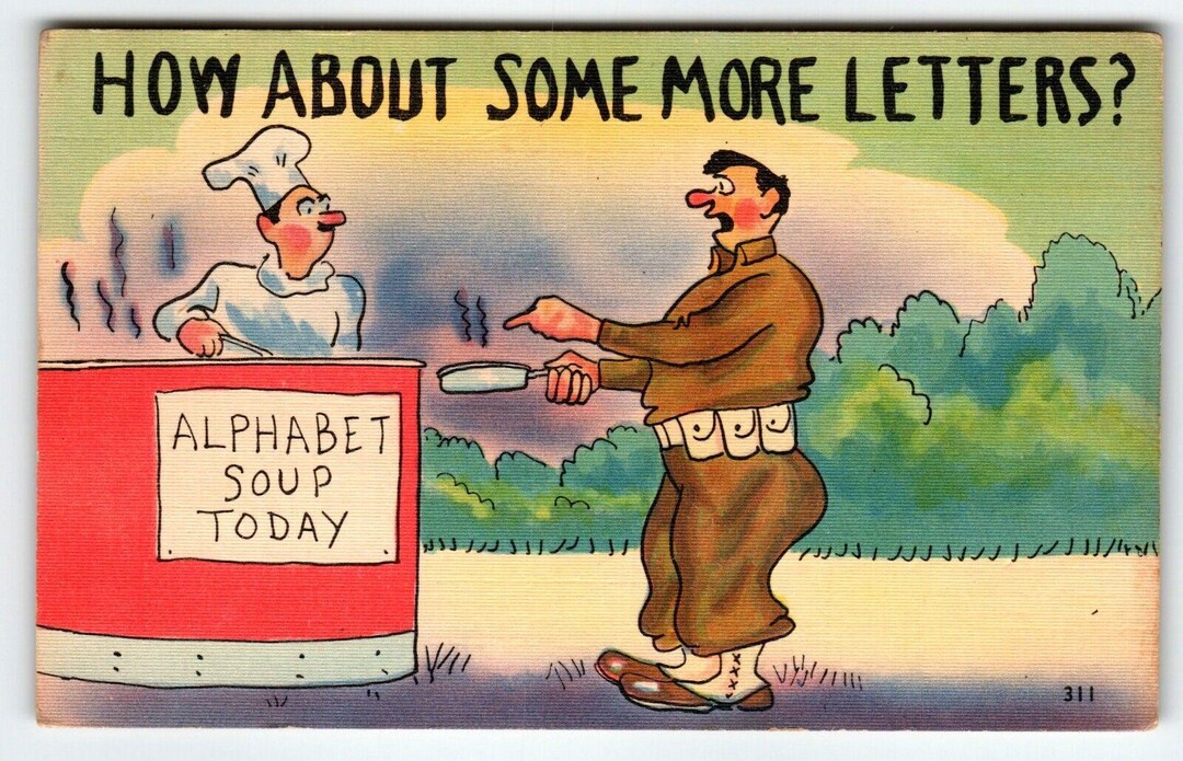 US Army Military Postcard Alphabet Soup Today Chef 1940's War Linen WW2 ...