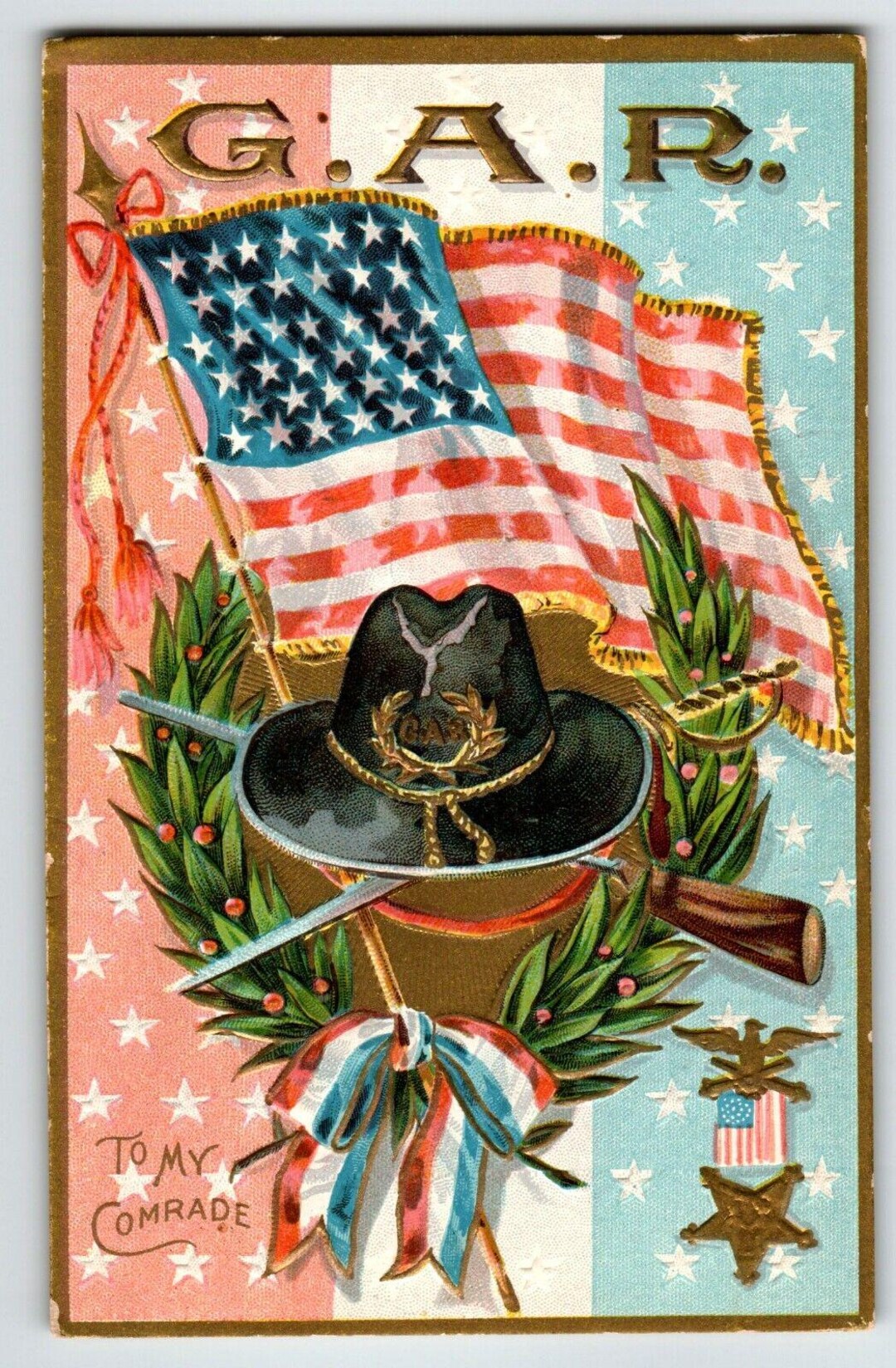 Decoration Memorial Day Postcard GAR US Flag Hat Rifle Wreath Patriotic ...