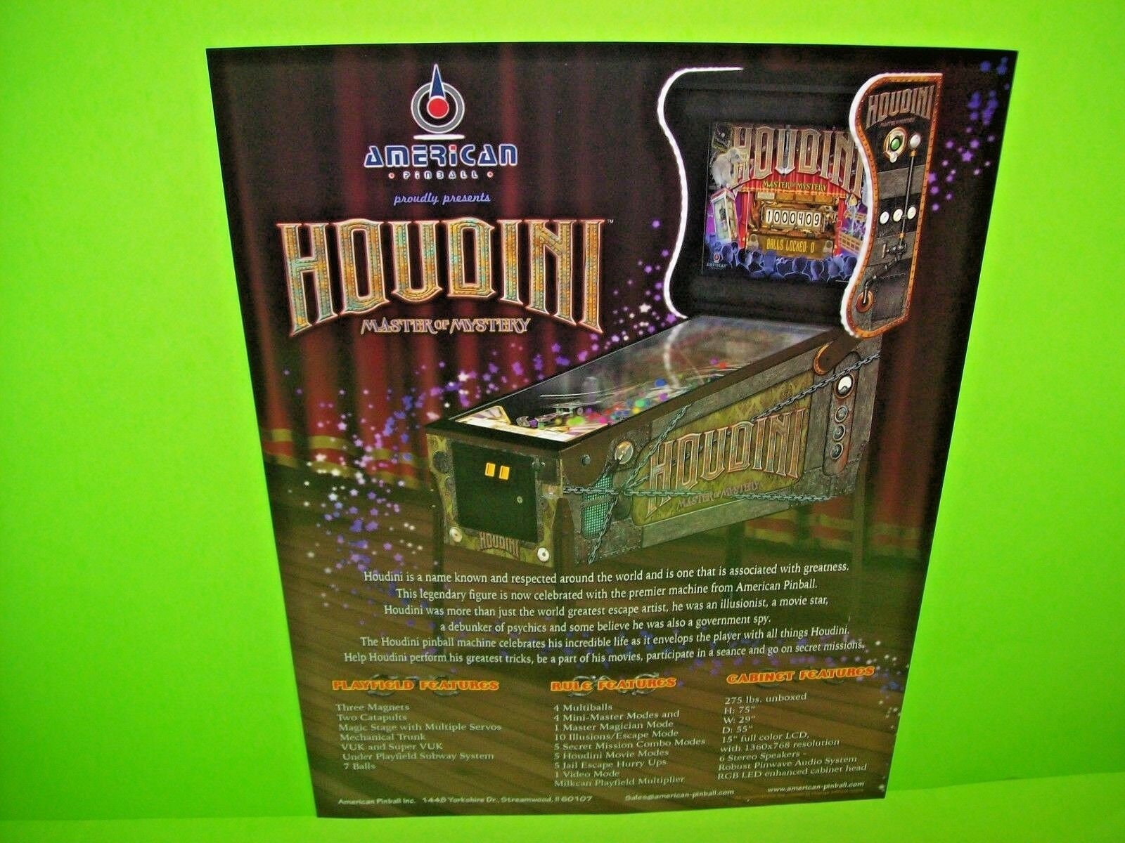 Houdini Master of Mystery Pinball FLYER Original NOS Game - Etsy