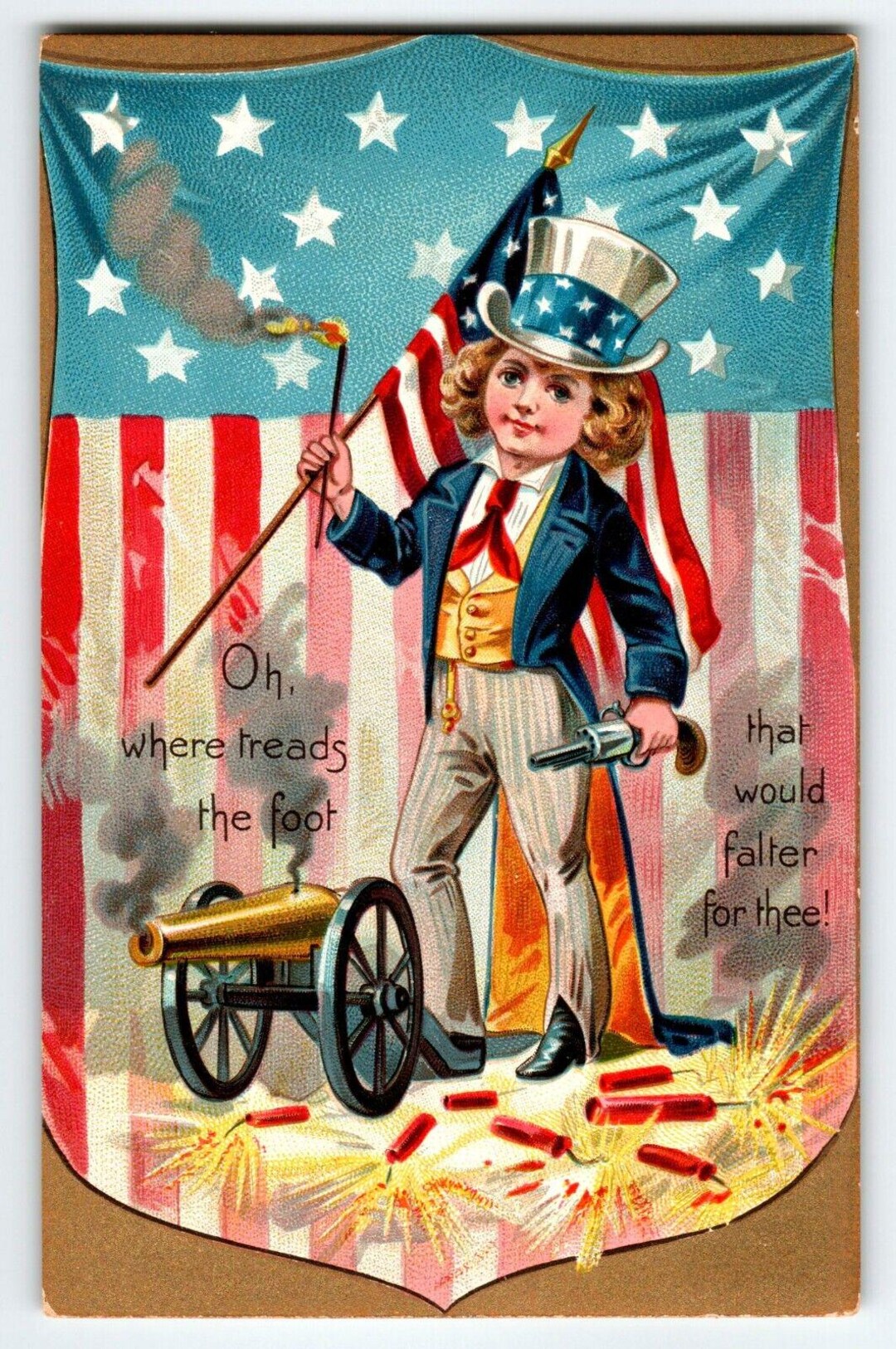 4th of July Postcard Tuck Boy Cannon Firecrackers Independance Day ...