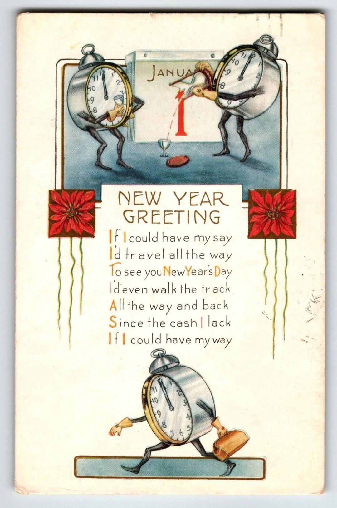 New Year Postcard Anthropomorphic Clock Human Legs Arms Fantasy Whitney ...