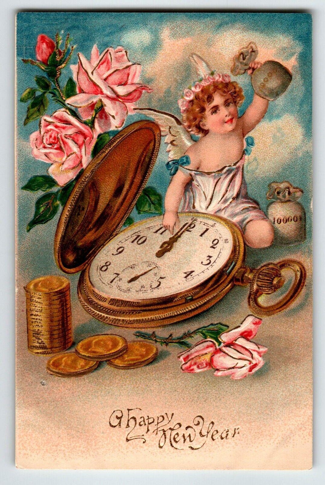 New Year Postcard Cherub Angel Pocket Watch Rose Gold Trimmed Coins ...