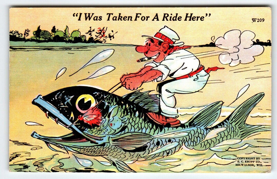 Man Rides on Giant Fish Linen Postcard Comical Fishing Humor 1942 ...