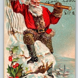 Santa Claus Christmas Postcard on Mountain Using Telescope Village ...