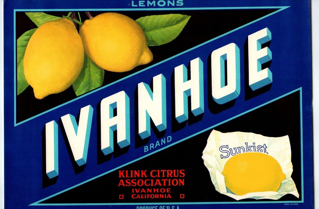 Ivanhoe Lemons Sunkist Fruit Crate Label Original Vintage 1940's Klink ...