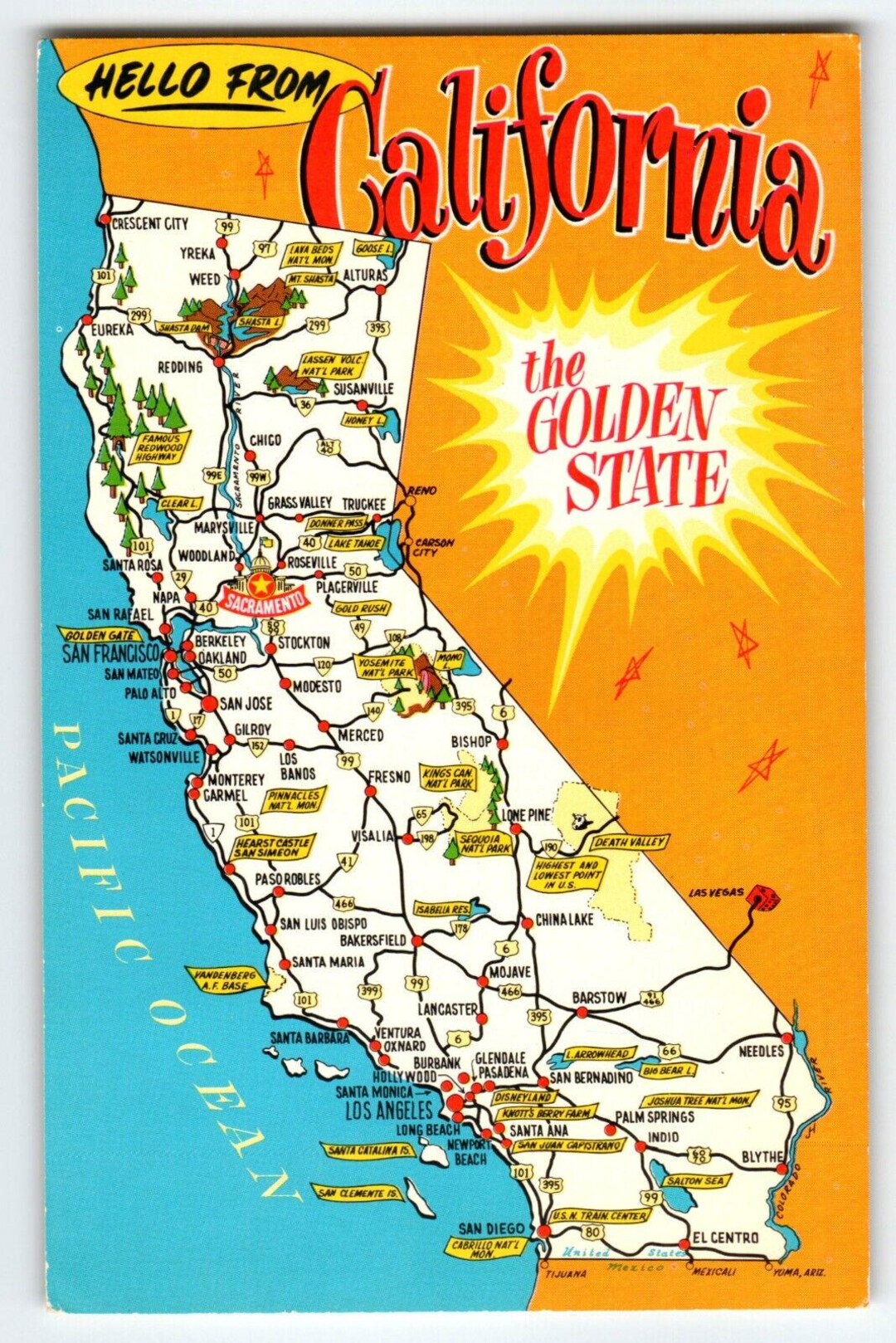 Map Postcard Greetings From California the Golden State Chrome Vintage ...