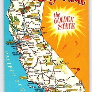Map Postcard Greetings From California the Golden State Chrome Vintage ...