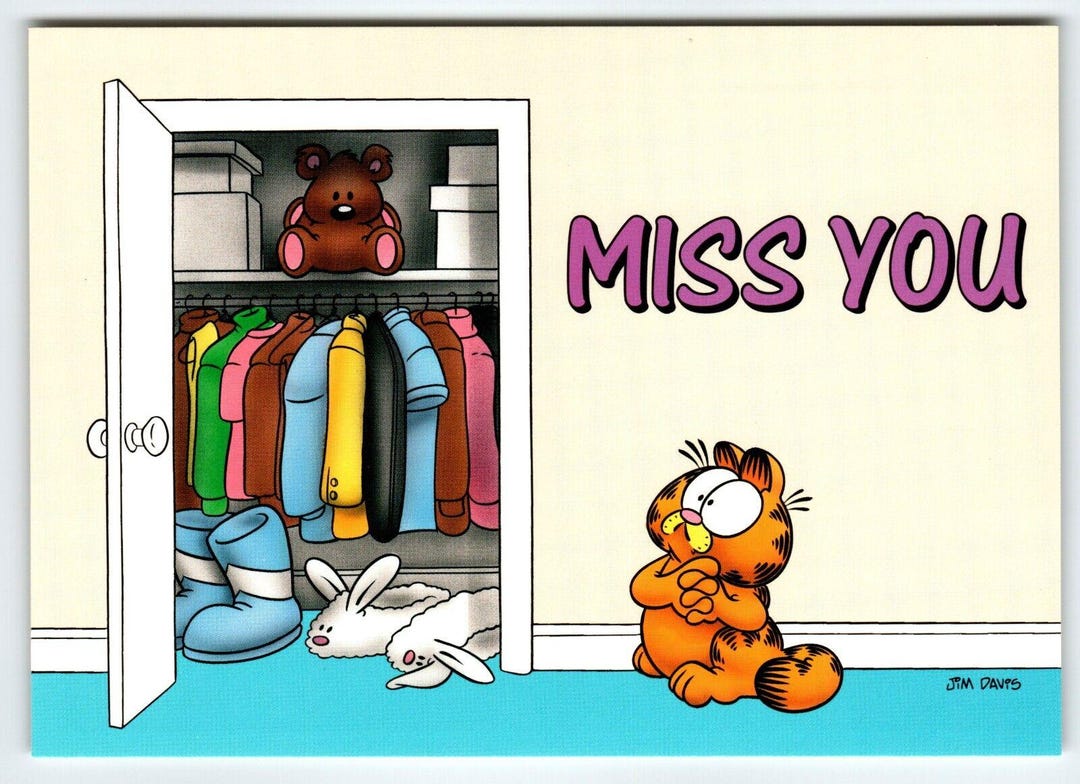 Garfield Cat Postcard Miss You Jim Davis 1978 Tabby Cartoon Lonesome ...