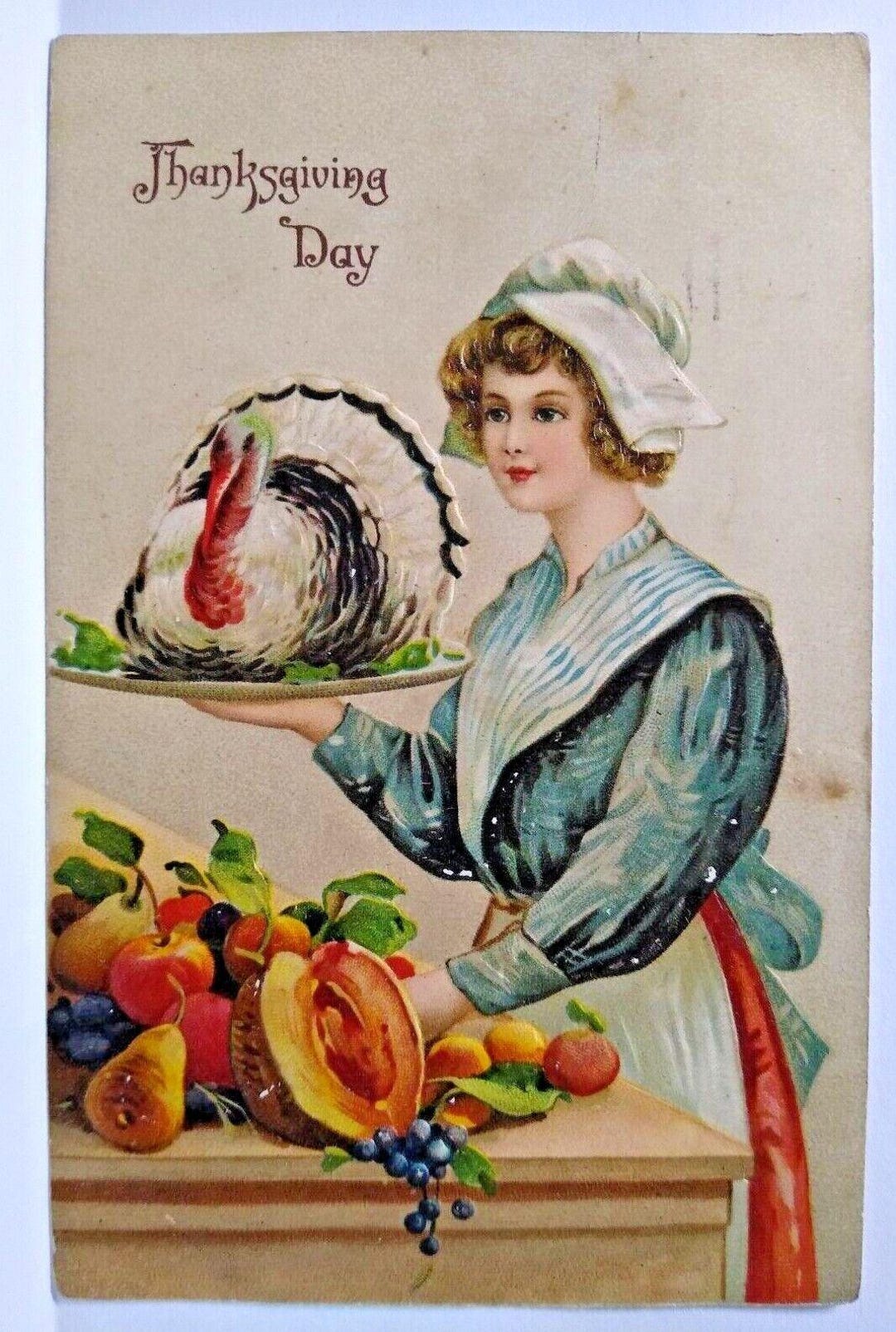 Thanksgiving Postcard Pilgrim Women Turkey Platter Fruits 1910 Germany ...