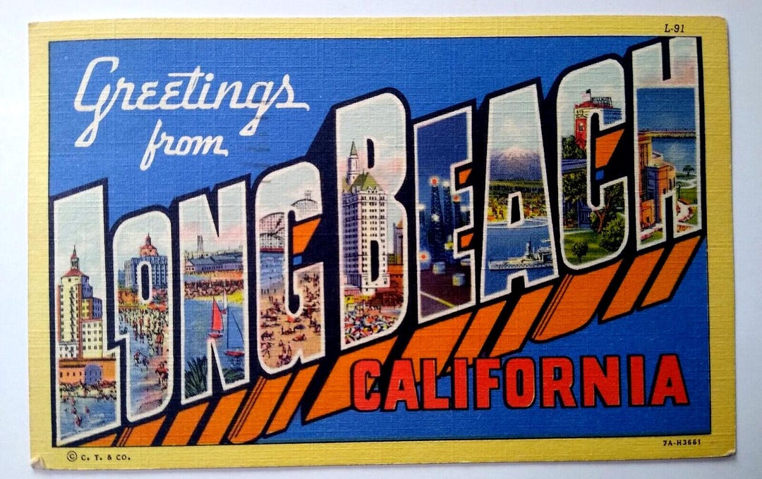 Greetings From Long Beach California Large Letter Linen Postcard Curt ...