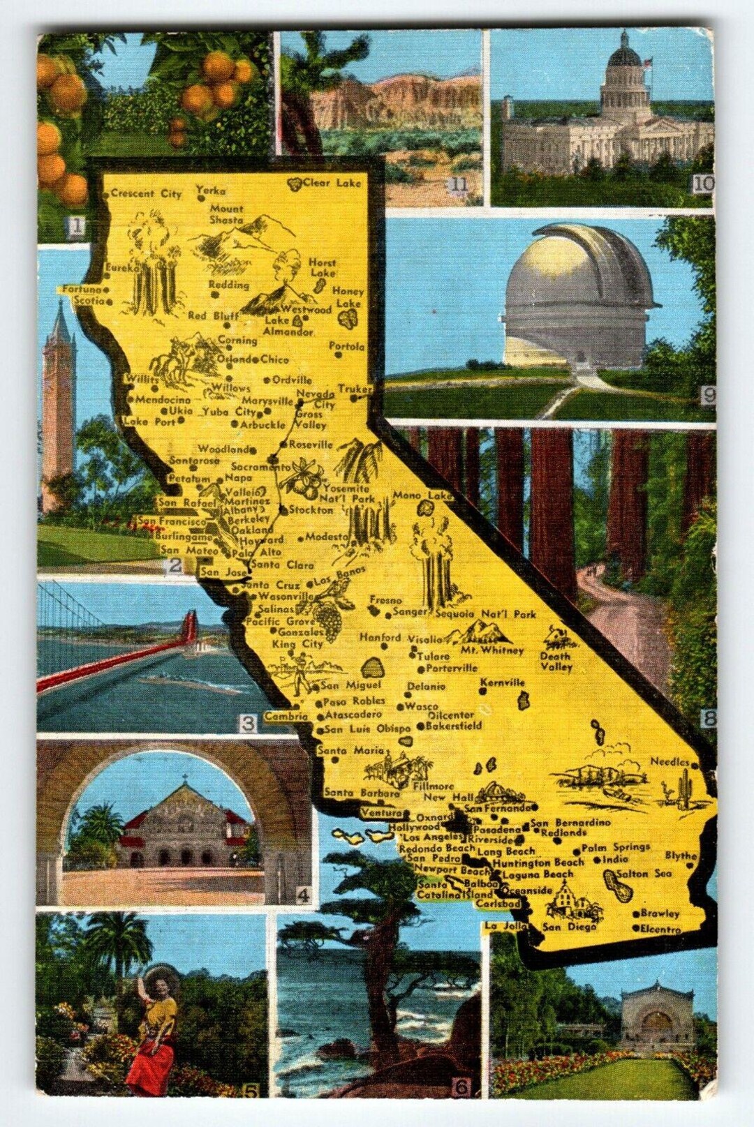 California Map Postcard State Roadways Buildings Postcard 1945 Kropp ...