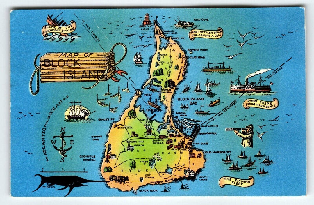Brock Island Rhode Island Map Postcard State Postcard Tichnor Chrome ...