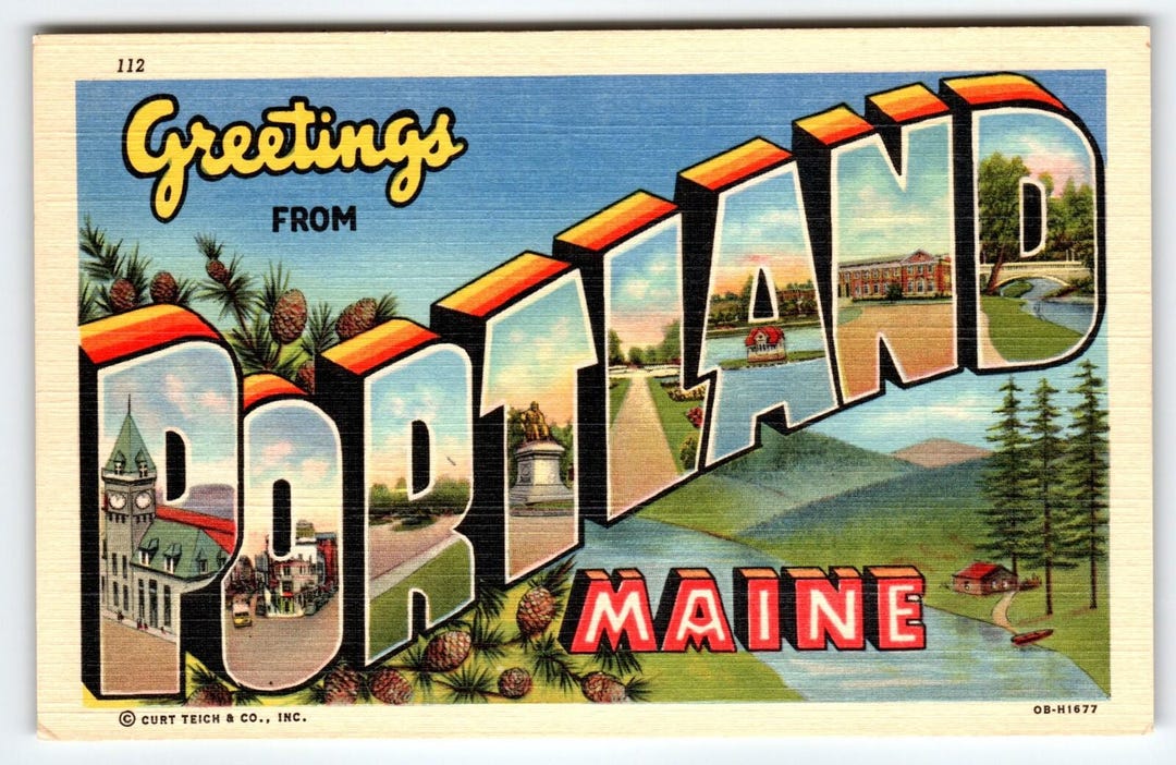 Greetings From Portland Maine 1940's Large Big Letter Postcard Linen ...
