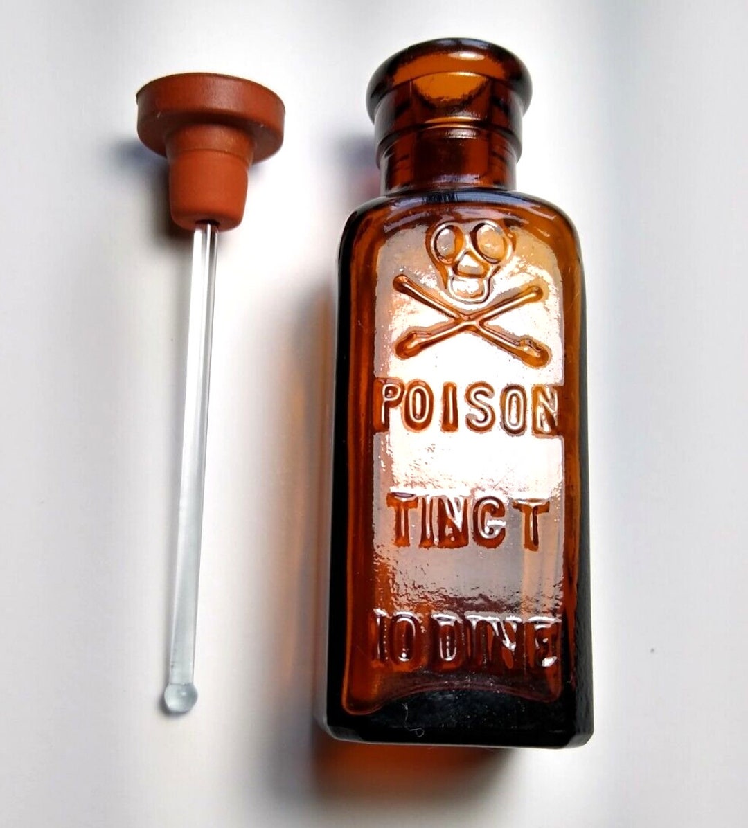 Antique Poison Bottle Amber Brown Glass Dauber Skull Bones TINCT Iodine ...