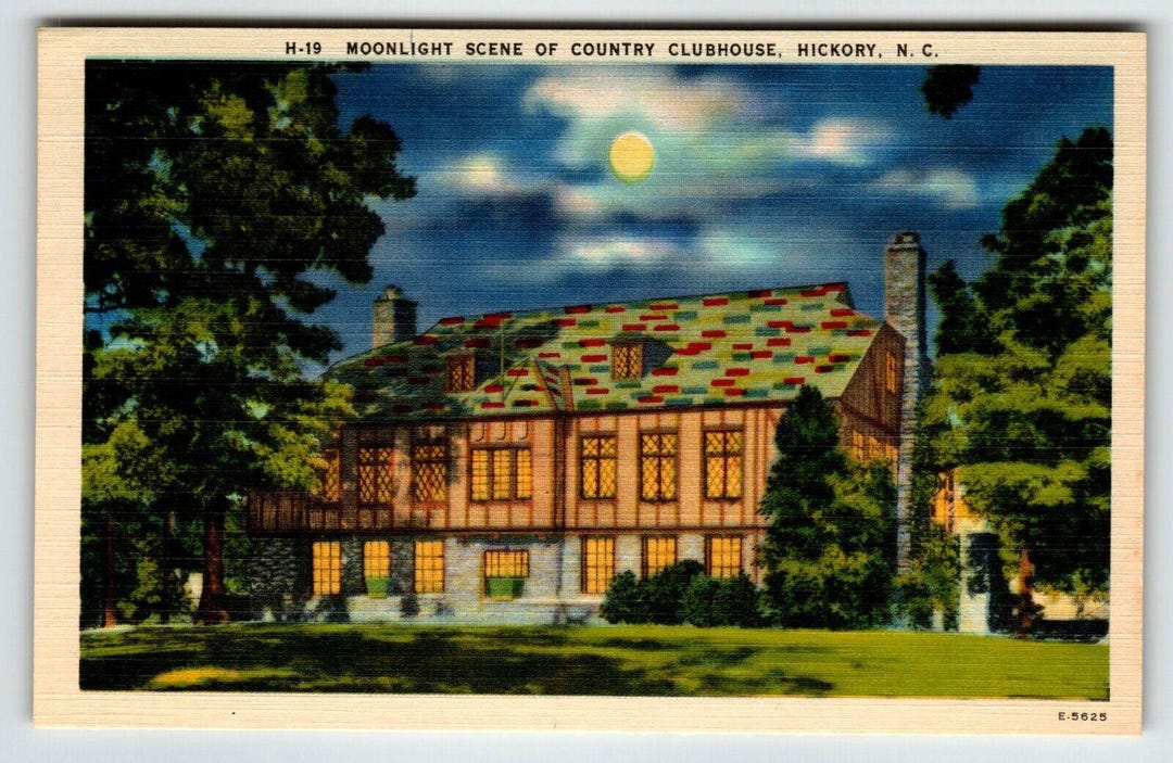 Moonlight Scene Country Clubhouse Hickory North Carolina Linen Postcard ...