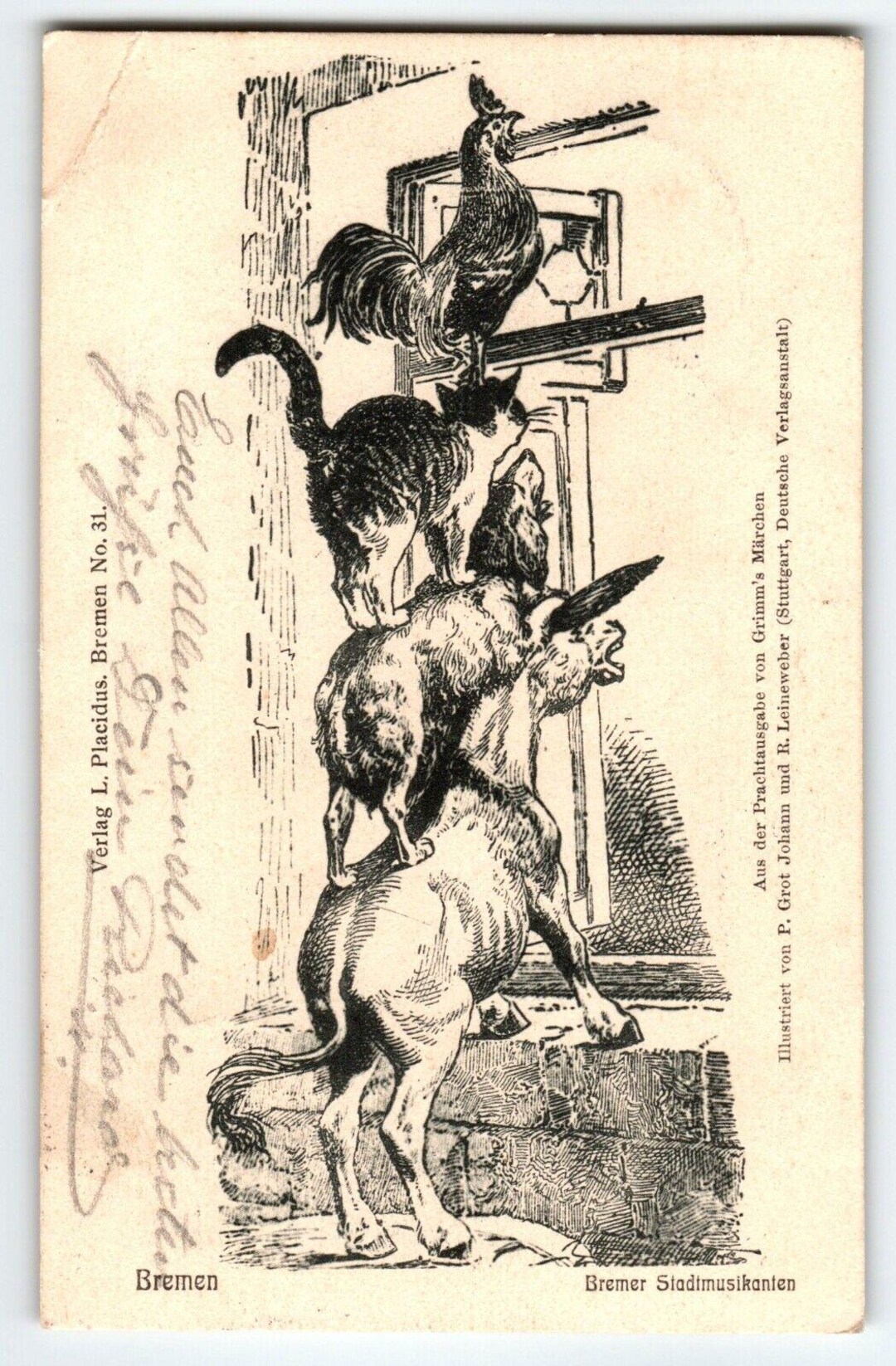 Animals Piggyback Postcard Horse Dog Cat Rooster by Window Bremen Humor ...