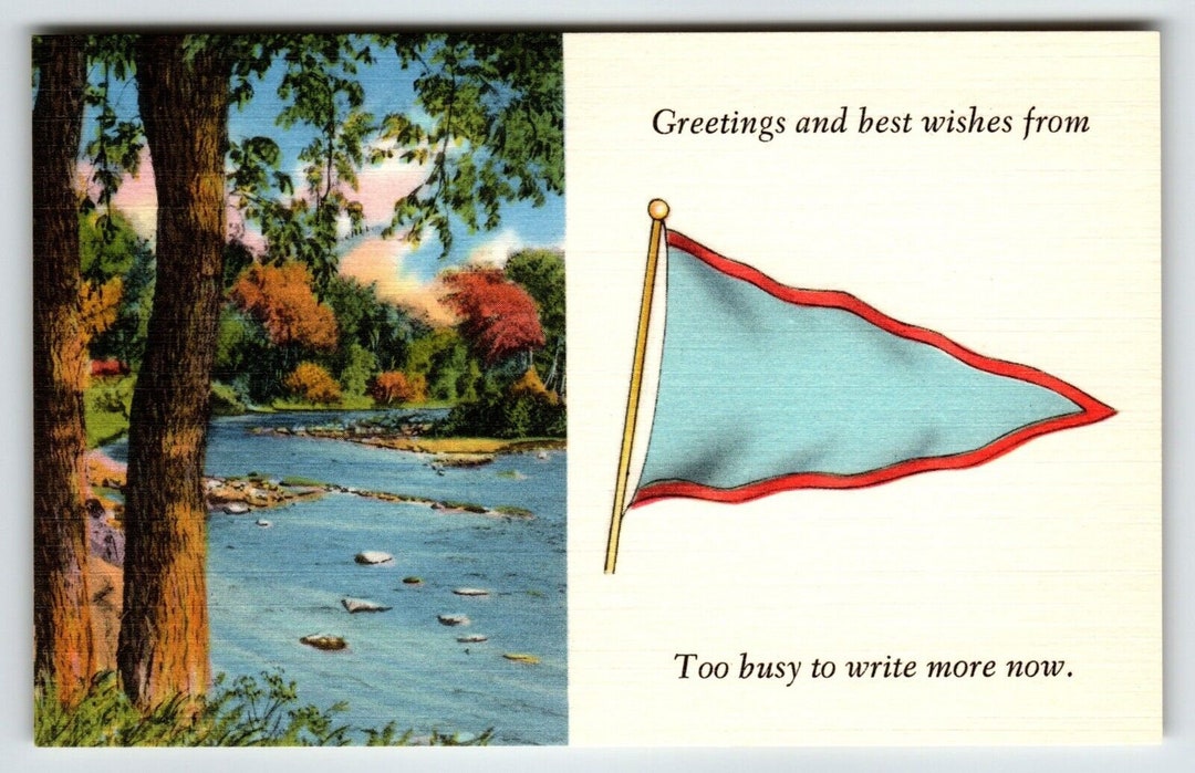 Flag Postcard Greeting and Best Wishes Too Busy to Write More Now Linen ...