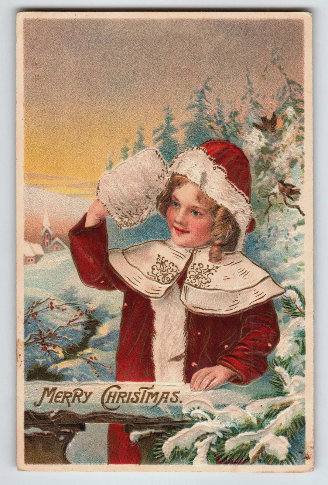 Amazing Embossed Merry Christmas Postcard Girl Muff Winter Coat 1910s ...