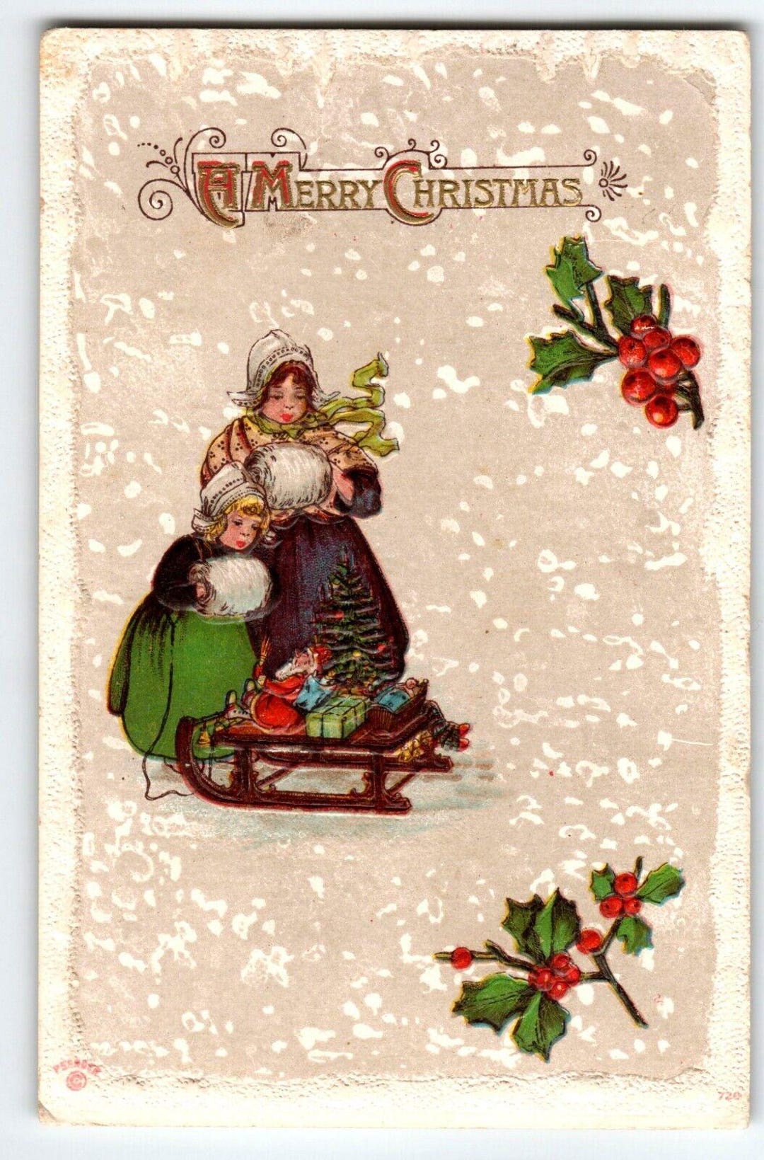 Christmas Postcard Women Sled Muff Hand Warmer P Sander Embossed ...