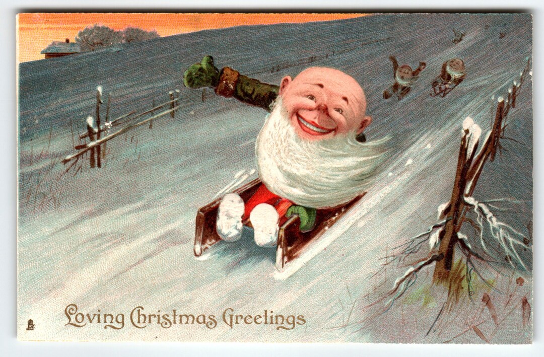 Christmas Postcard Dwarf on Sled Gnomes Fantasy Downhill Race Tuck ...
