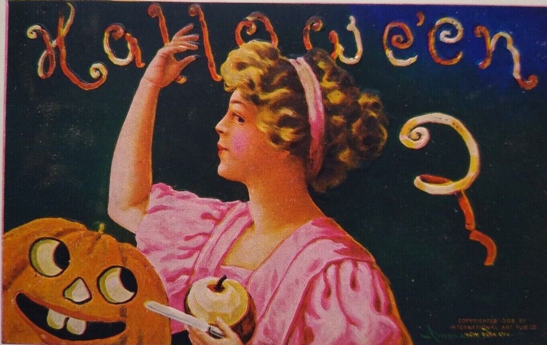 Halloween Postcard Fantasy Goblin Pumpkin Comes Alive Apple Peels ...