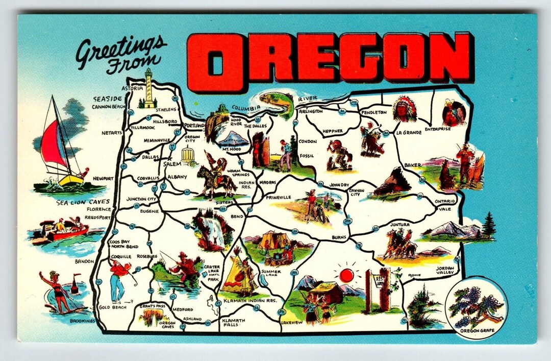 Postcard Greetings From Oregon Map Chrome State Flower Grape - Etsy