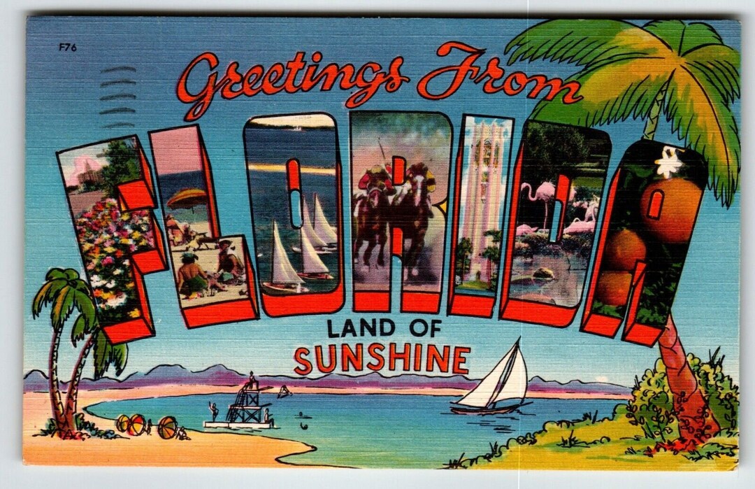 Greetings From Florida Large Letter Linen Land of Sunshine State ...