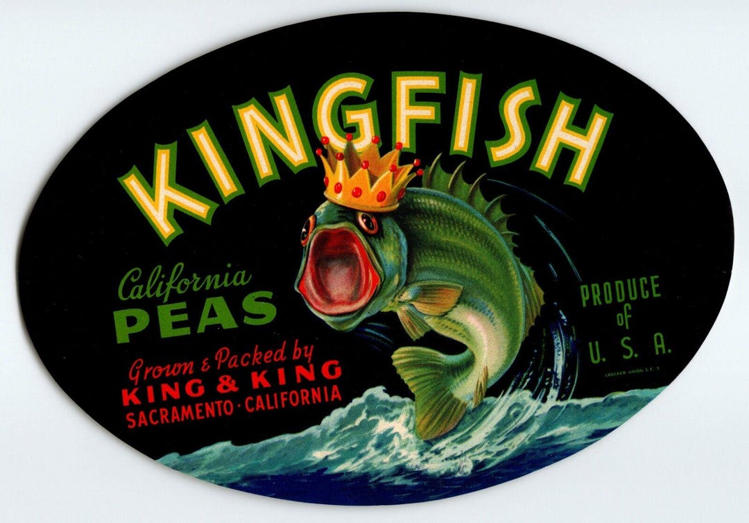 Kingfish Peas Label Fish Wears Crown Anthropomorphic Vintage 1940s ...