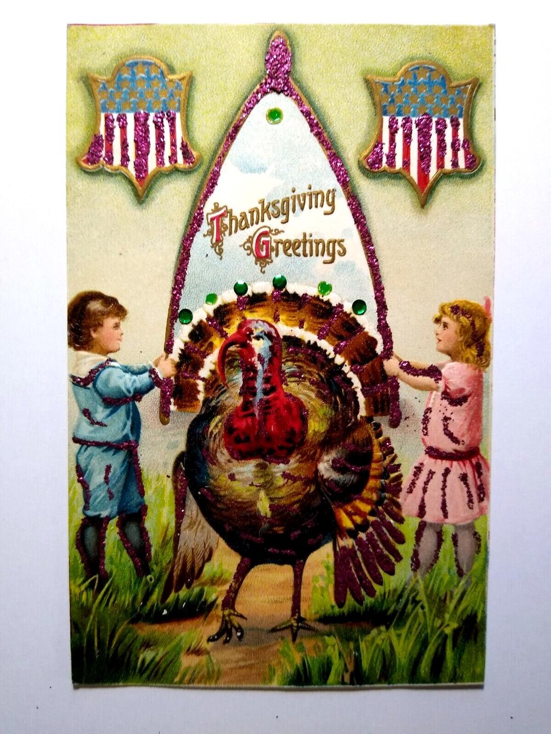 Thanksgiving Postcard Turkey Wishbone Flags Mica Glitter Germany ...
