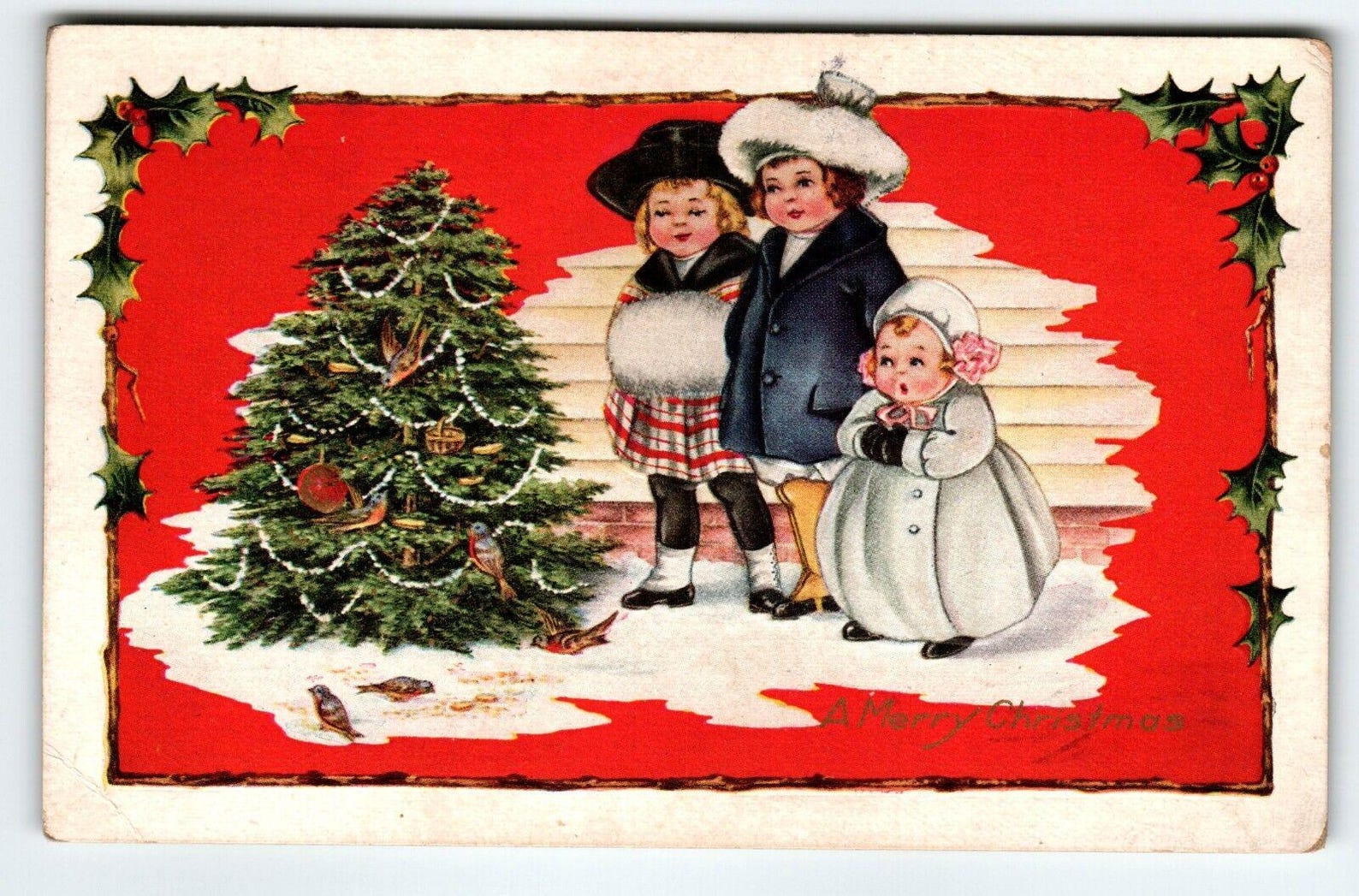 Christmas Postcard Boy Girls Muff Hand Warmer Whitney Vintage Embossed ...