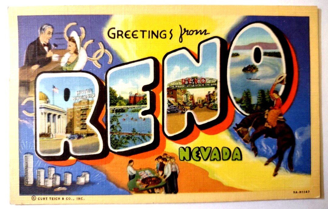 Greetings From Reno Nevada Large Letter Postcard Linen Curt - Etsy