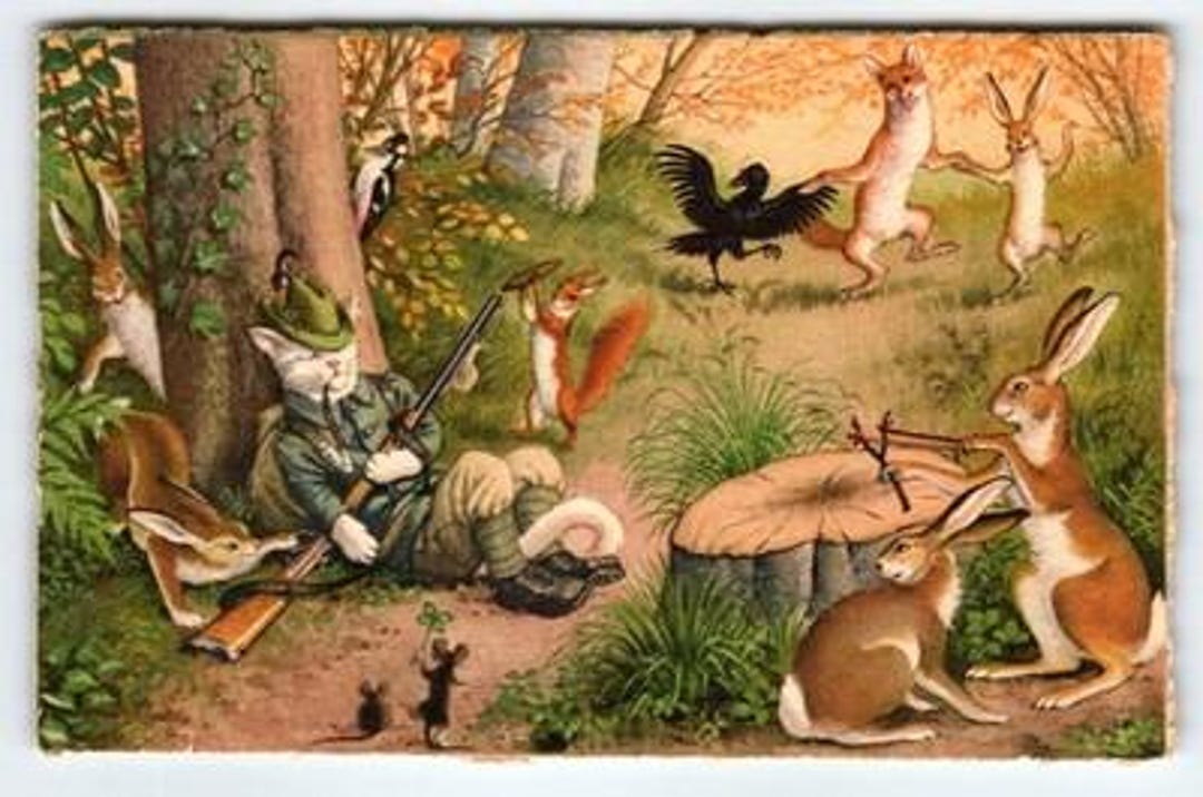 Vintage Dressed Cat Fantasy Animal Postcard by Max Künzli Dancing Fox ...