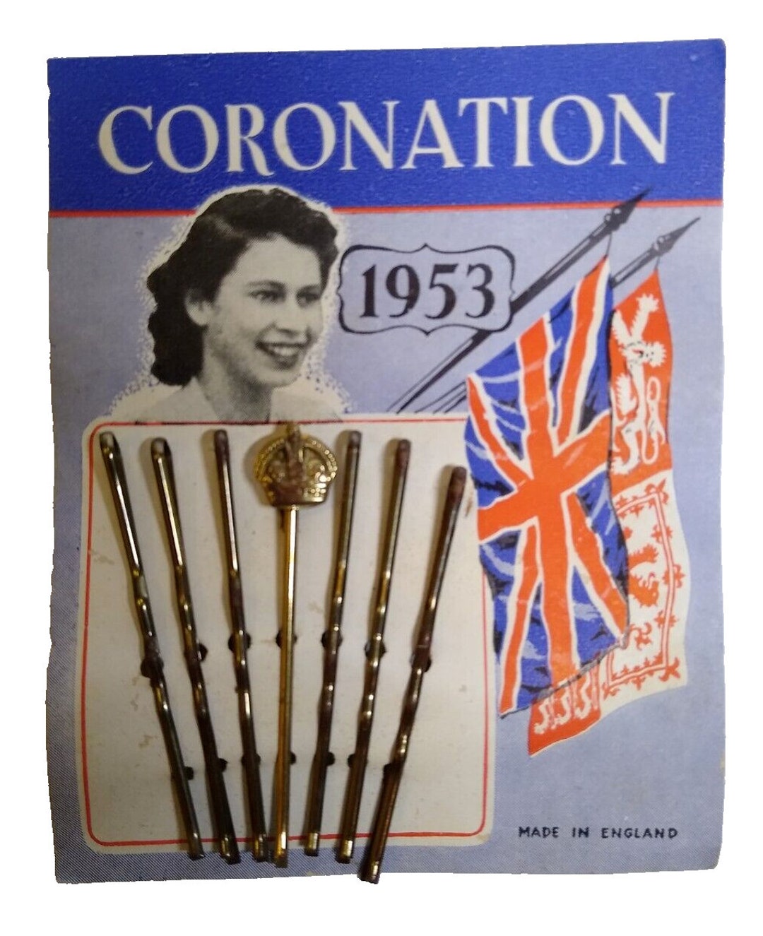 Queen Elizabeth Bobby Pins 1953 Coronation Crown Pin UK Flag Original ...
