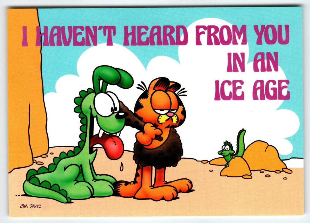 Garfield Cat Postcard Ice Age Cave Kitty Dino Dog Jim Davis 1978 Tabby ...