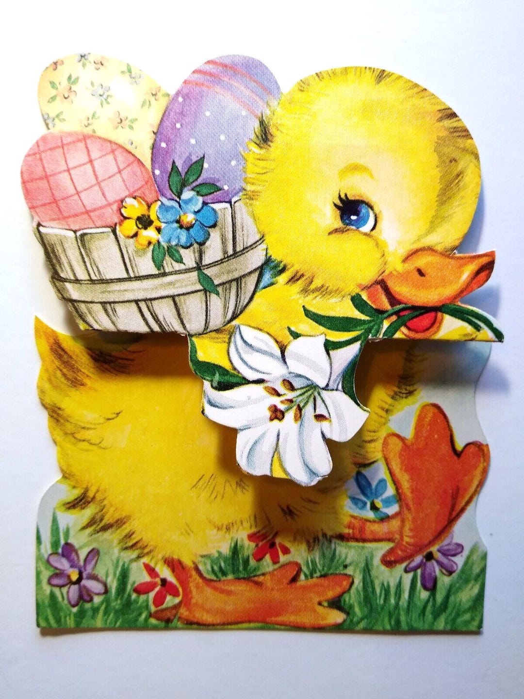 Easter Greetings Card Baby Chick Flowers in Mouth Painted Eggs Die-cut ...