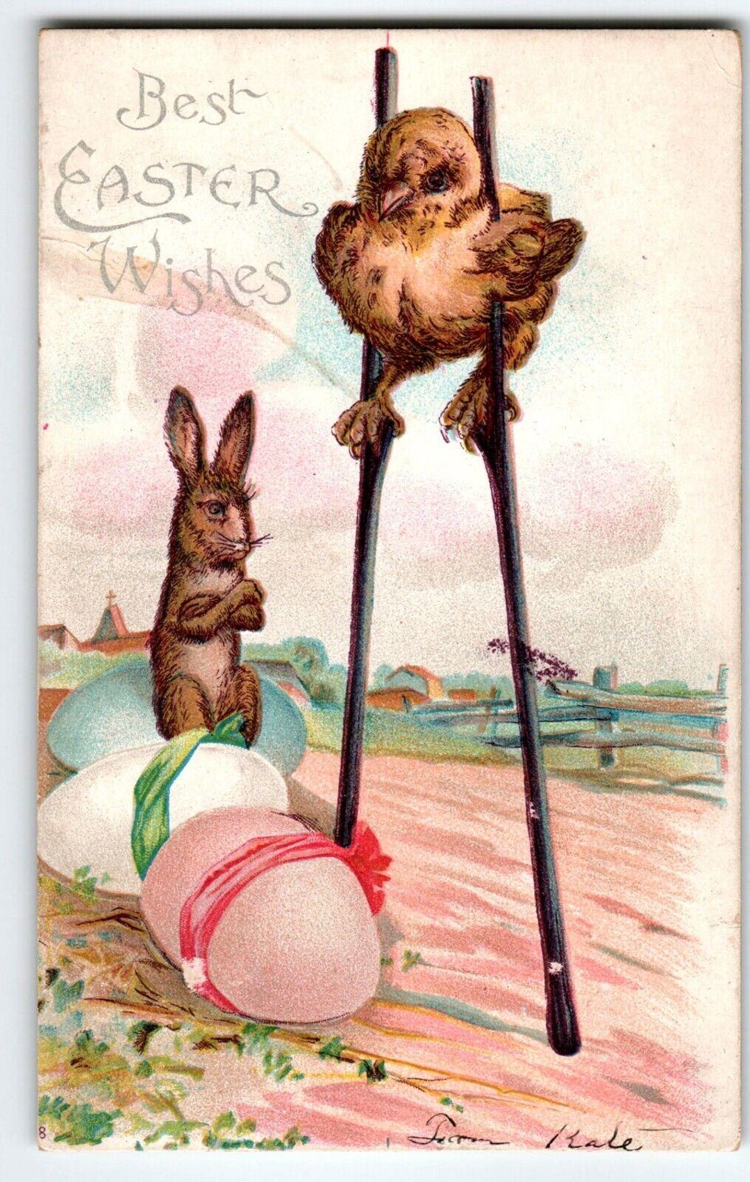 Easter Postcard Fantasy Baby Chick on Stilts Easter Bunny Watches Huge ...