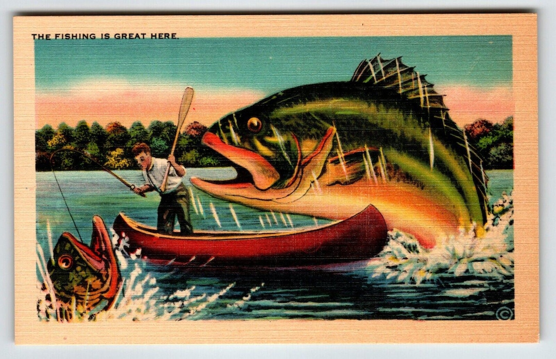 Fishing Linen Postcard Huge Exaggerated Fish Man on Boat Wood Paddle ...