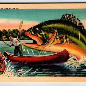 Fishing Linen Postcard Huge Exaggerated Fish Man on Boat Wood Paddle ...