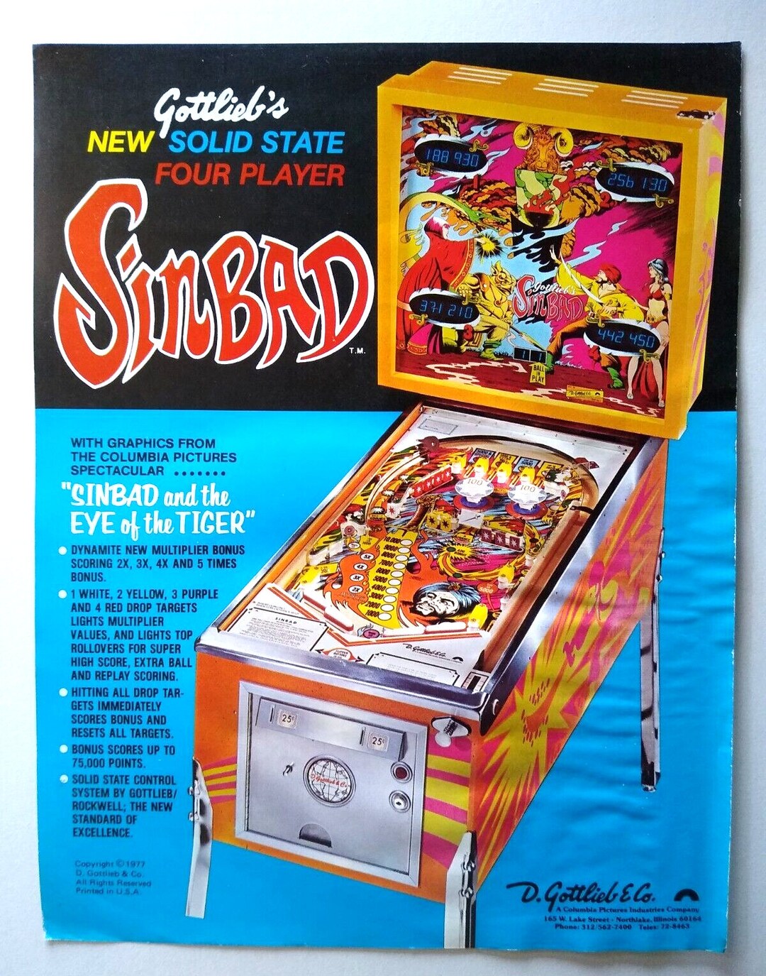 Sinbad Pinball Flyer Original Vintage 1978 Promo Artwork Retro Mod ...