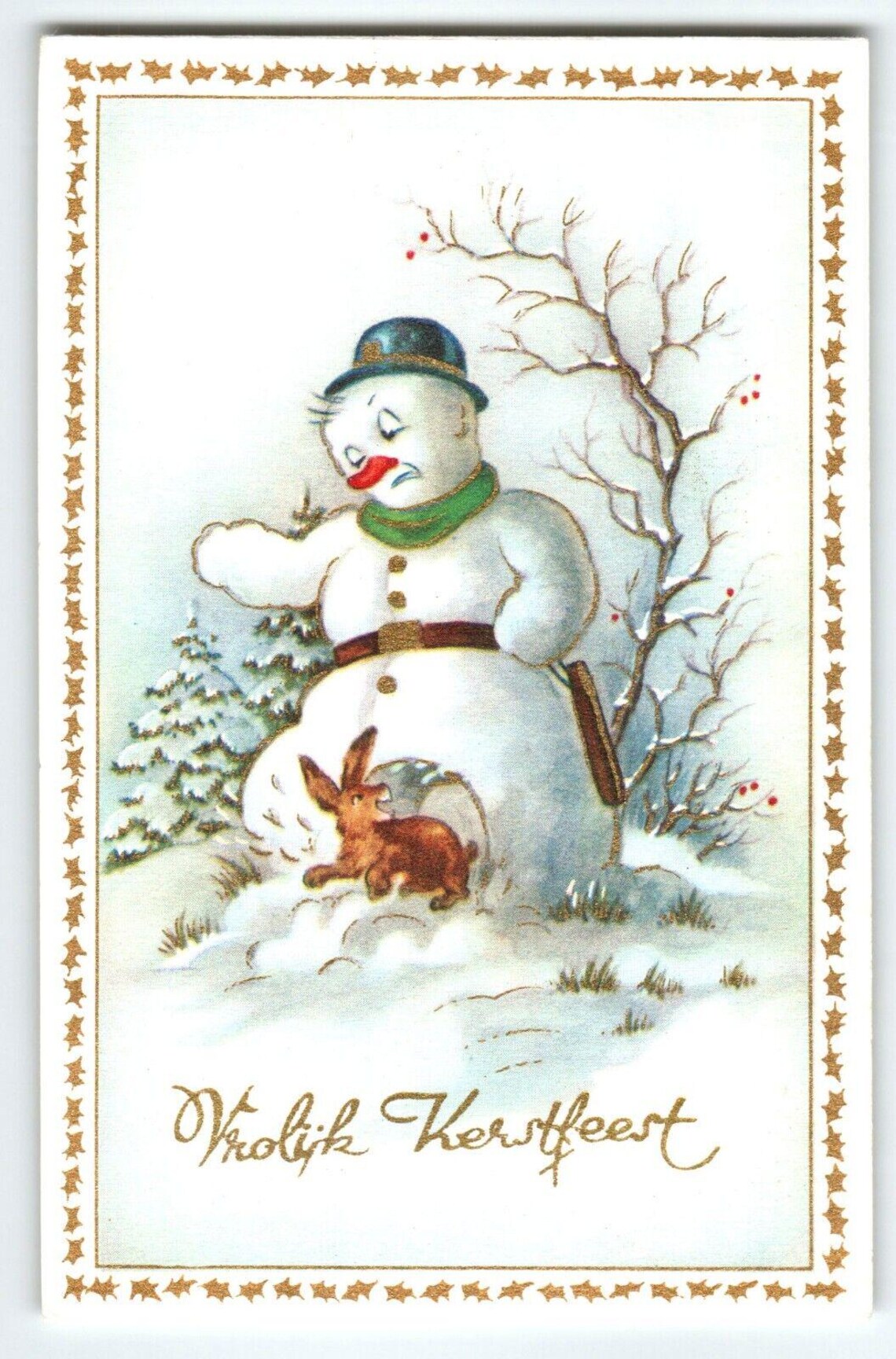 Merry Christmas Dutch Text Postcard Anthropomorphic Snowman Rabbit Snow ...