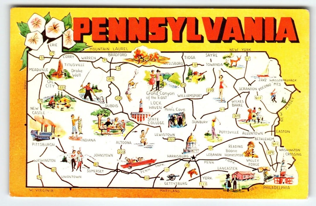 Greetings From Pennsylvania Map Postcard Chrome Keystone State - Etsy
