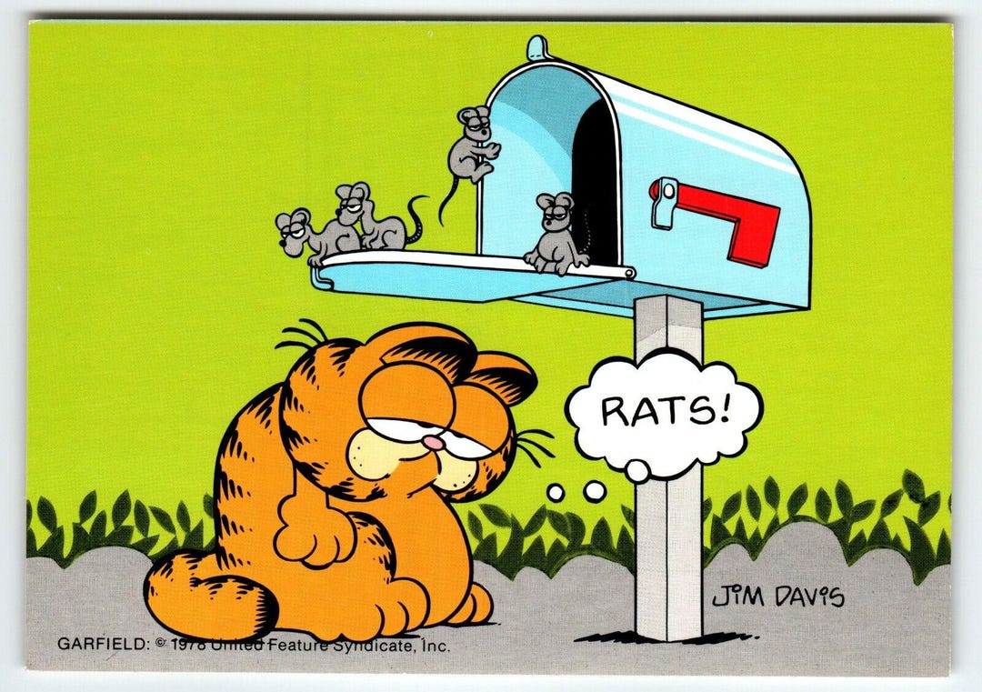 Garfield Cat Postcard Rats in the Mailbox Jim Davis 1978 Orange Kitten ...