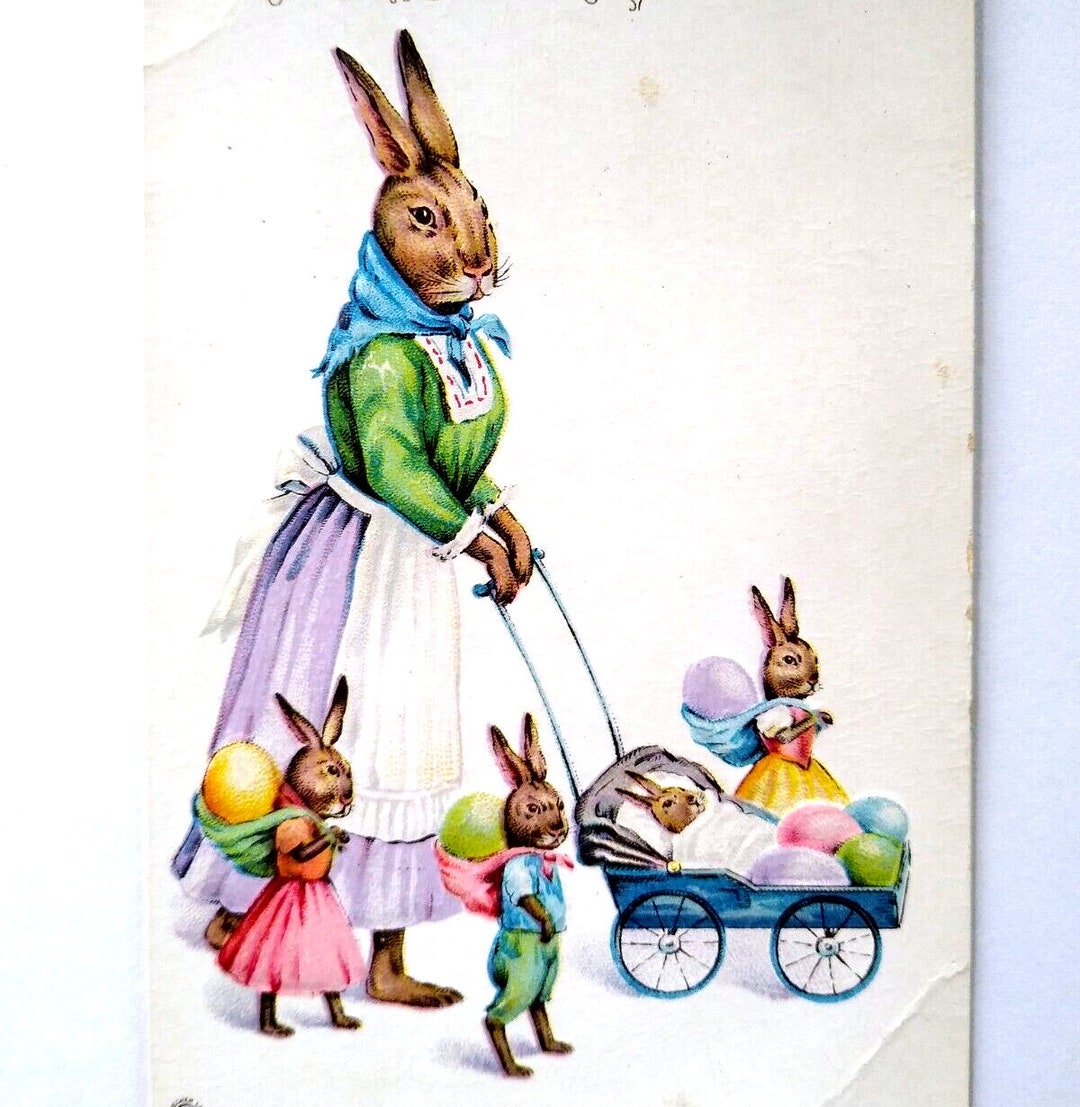 Easter Postcard Dressed Rabbits Bunny Family Baby Stroller - Etsy