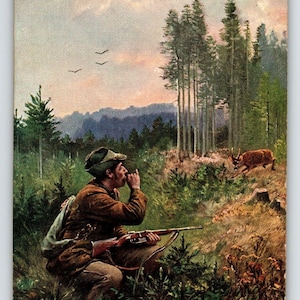 Deer Hunted by Hunter Postcard Signed Vintage Hunting Season Nature ...