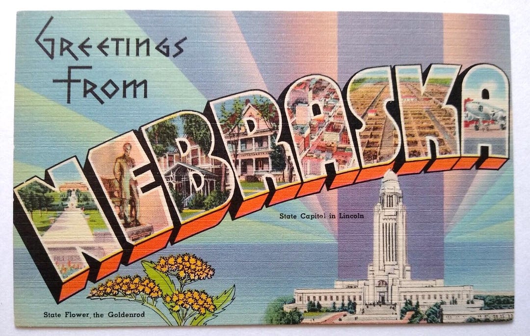 Greetings From Nebraska Postcard Large Letter Tichnor Unused Goldenrod ...